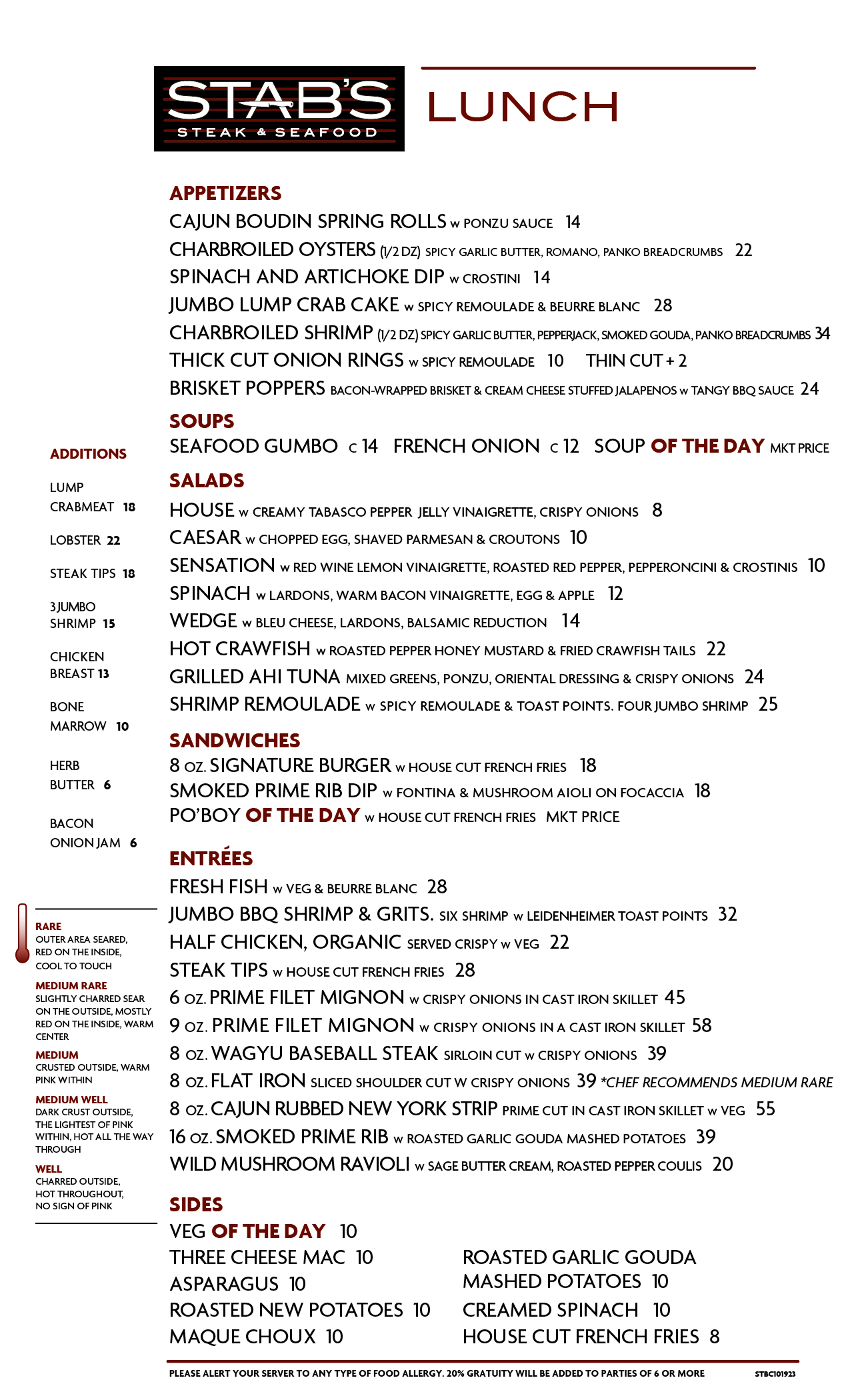 Stab's Steak & Seafood Restaurant | Menus