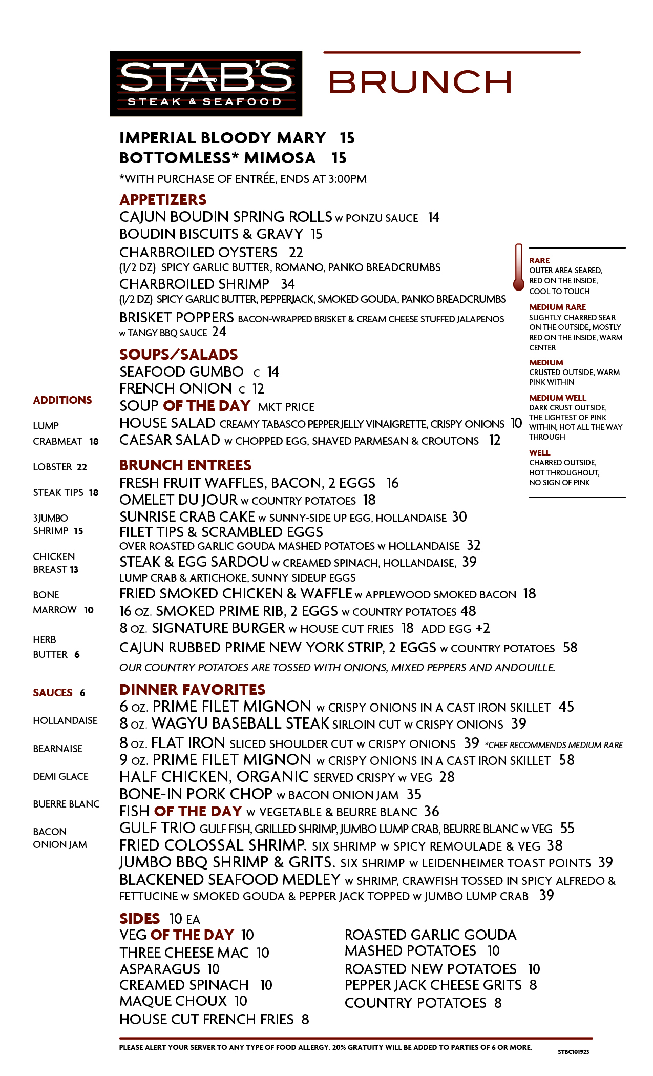 Stab's Steak & Seafood Restaurant | Menus